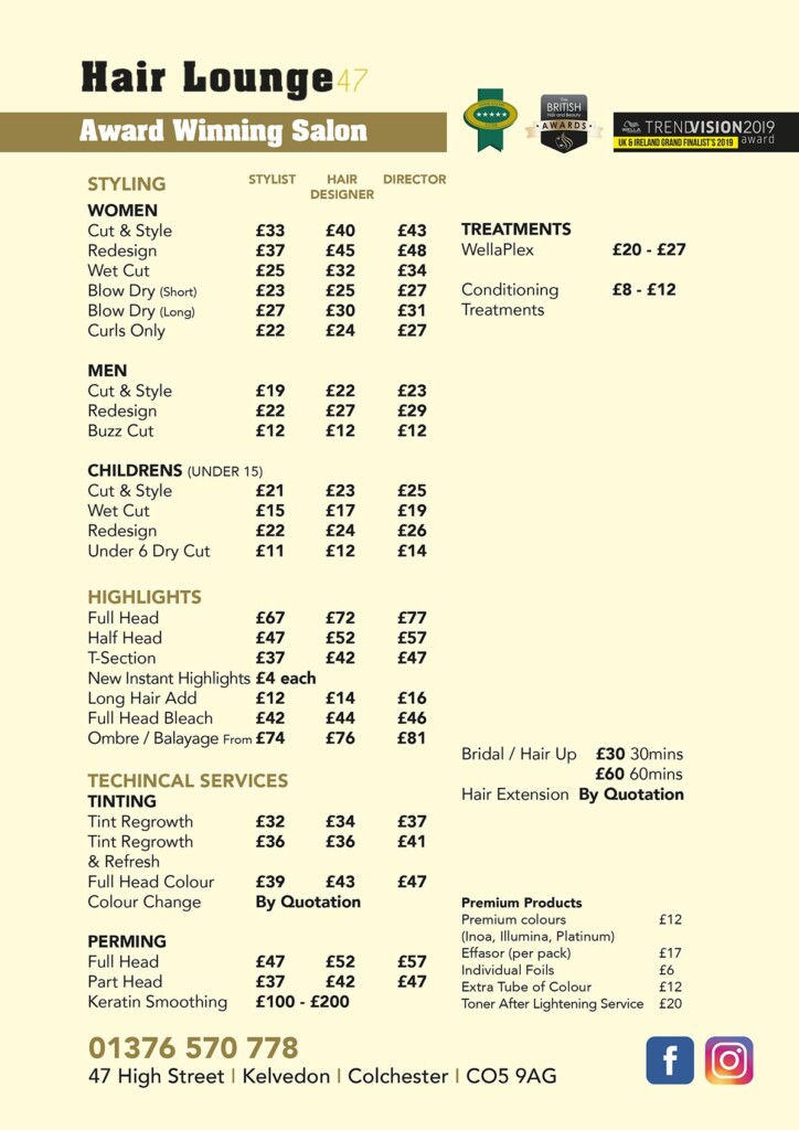 Kelvedon Colchester Salon Price List - Hair Lounge 47